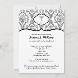 Classic Black Damask Nurse graduation RN BSN Invitation | Zazzle