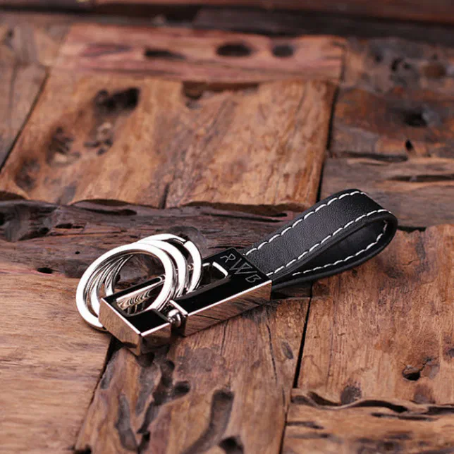 Classic Black Engraved Monogram Leather Keychain | Zazzle