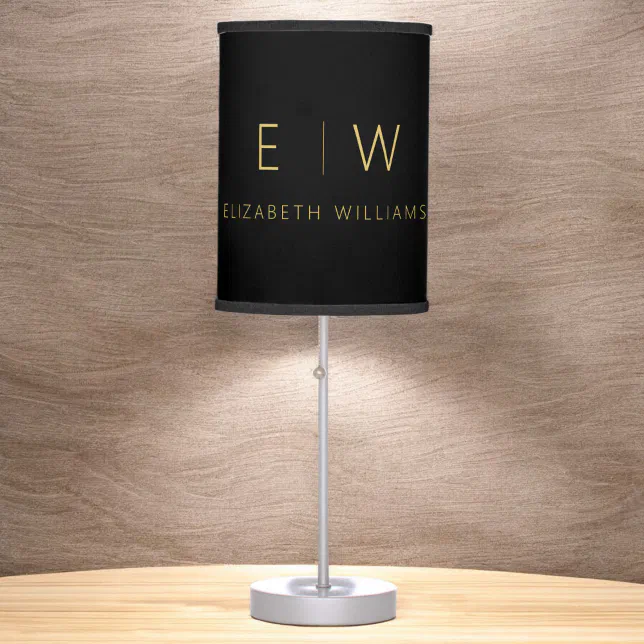 Classic Black Gold Minimalist Monogram Name Table Lamp | Zazzle