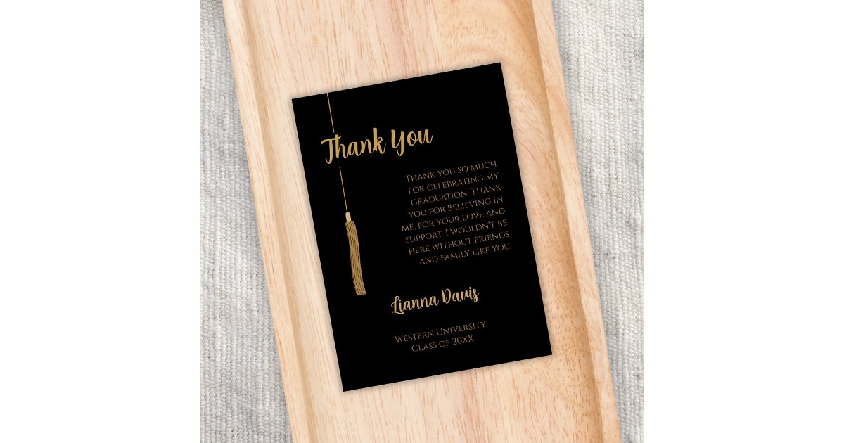 Classic Black Gold Tassel Graduation Thank You Card | Zazzle