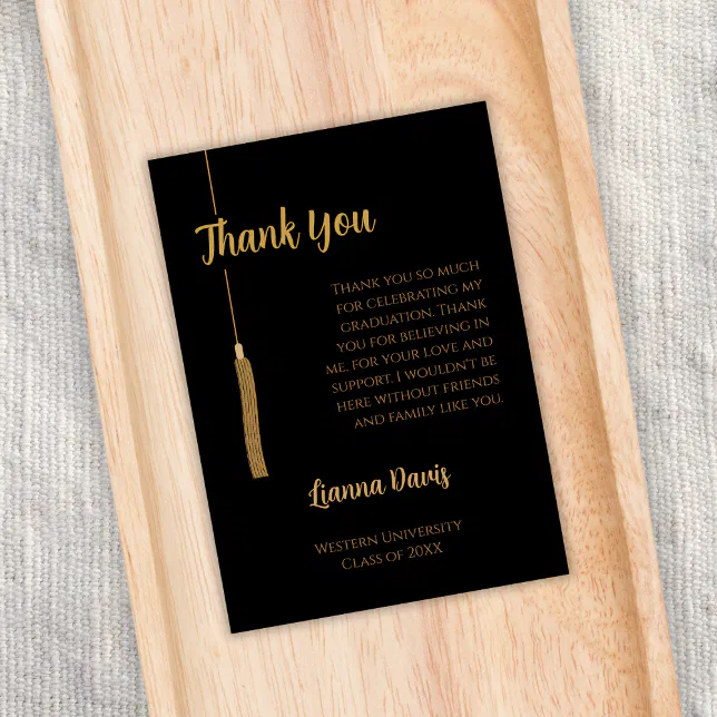 Classic Black Gold Tassel Graduation Thank You Card | Zazzle