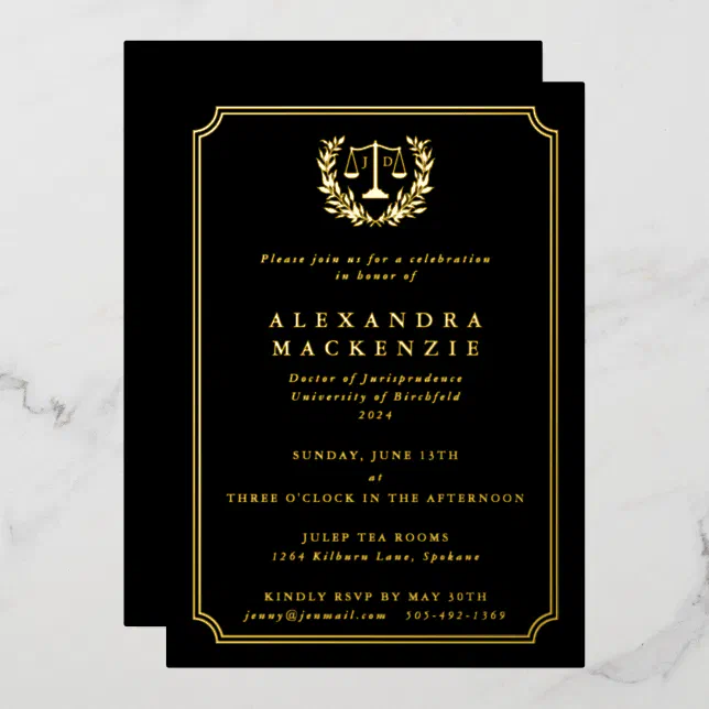 Classic Black JD Law School Graduation Party Foil Invitation | Zazzle