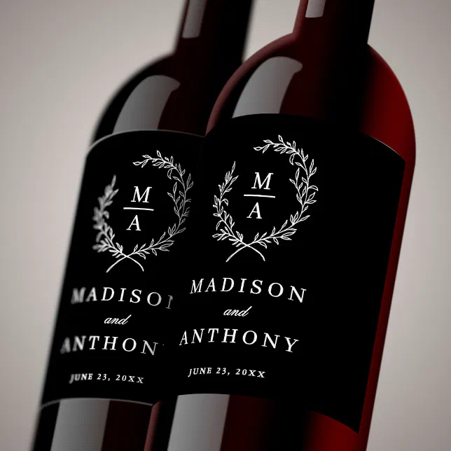 Classic Black Simple Elegant Monogram Wedding Wine Label | Zazzle