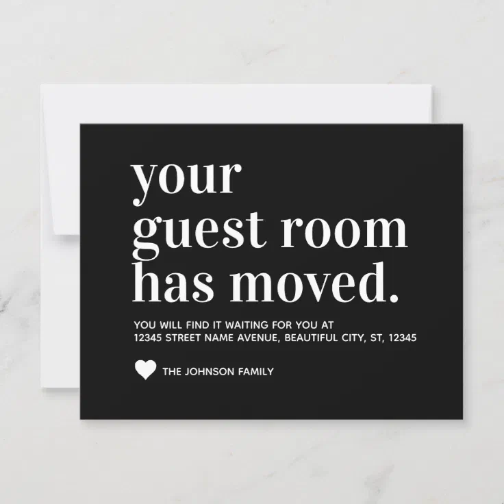 Classic Black Typography Guest Room Moved Moving Announcement | Zazzle