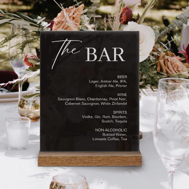 Classic Black Wedding Bar Menu Acrylic Sign | Zazzle