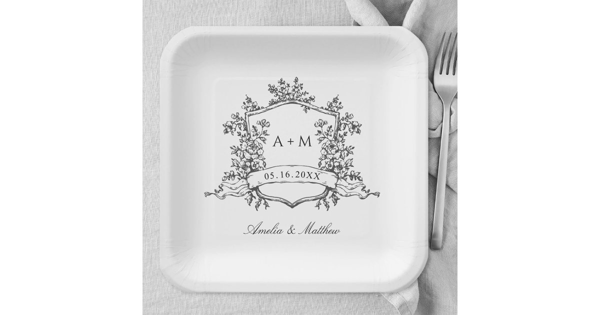 Classic Black & White Floral Crest Wedding Paper Plates | Zazzle