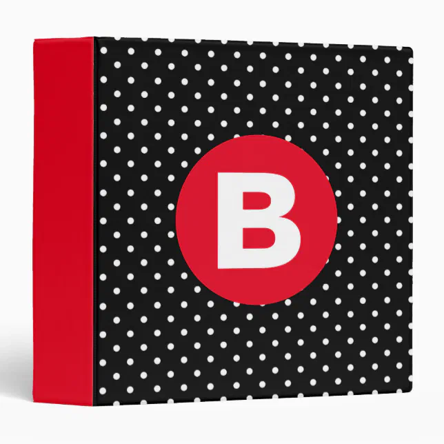 Classic Black & White Polka Dot with Red Monogram 3 Ring Binder | Zazzle
