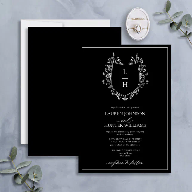 Classic Black Wildflower Monogram Crest Wedding Invitation | Zazzle