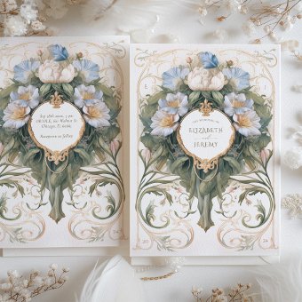 Classic Blue and Cream Art Nouveau Wedding Invitation | Zazzle