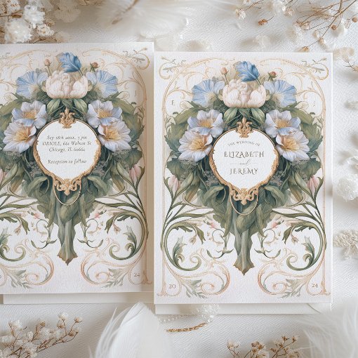 Classic Blue and Cream Art Nouveau Wedding Invitation | Zazzle