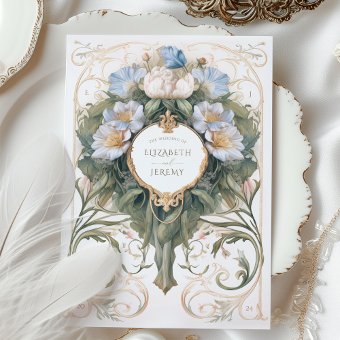 Classic Blue and Cream Art Nouveau Wedding Invitation | Zazzle