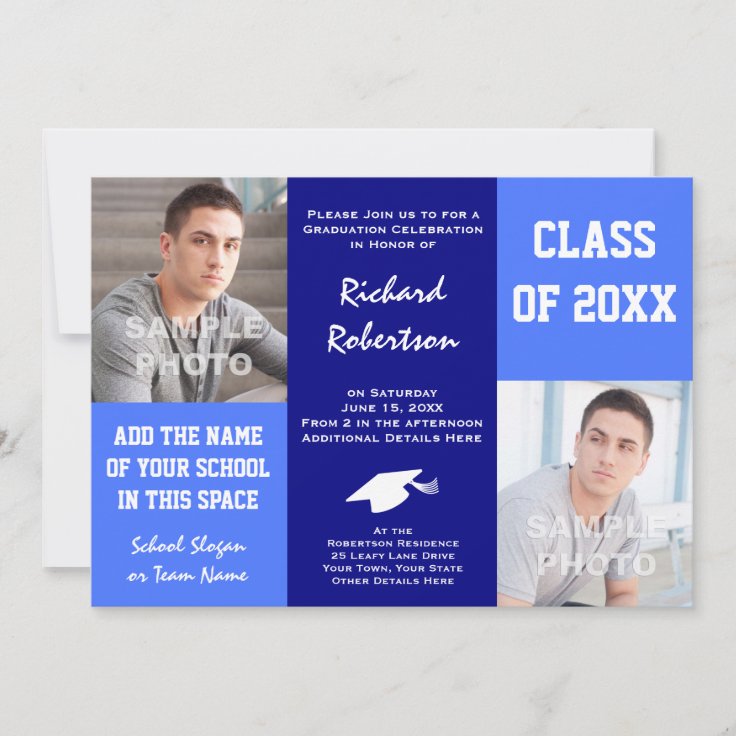Classic Blue and White Graduation Photo Template | Zazzle