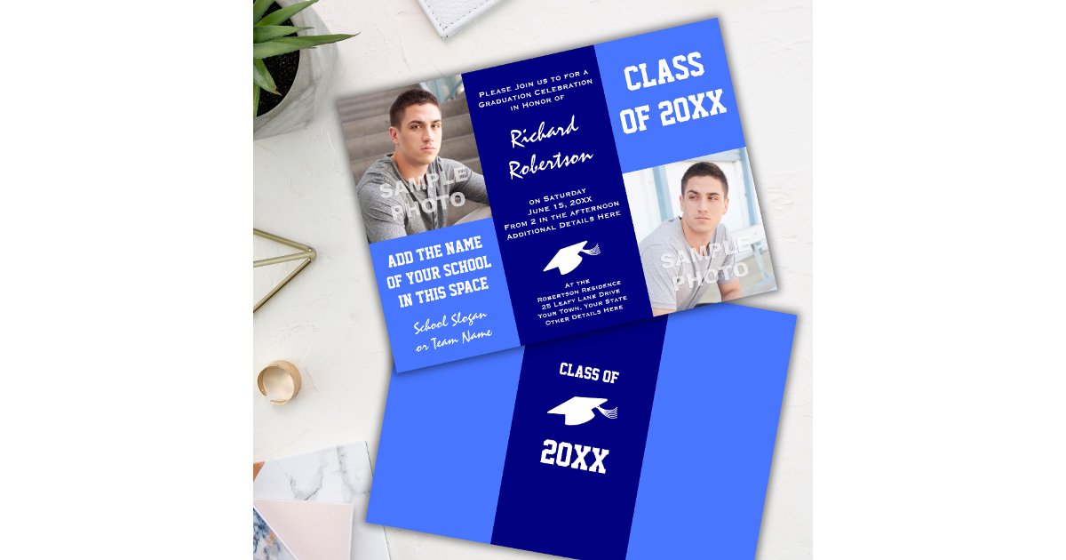Classic Blue and White Graduation Photo Template | Zazzle