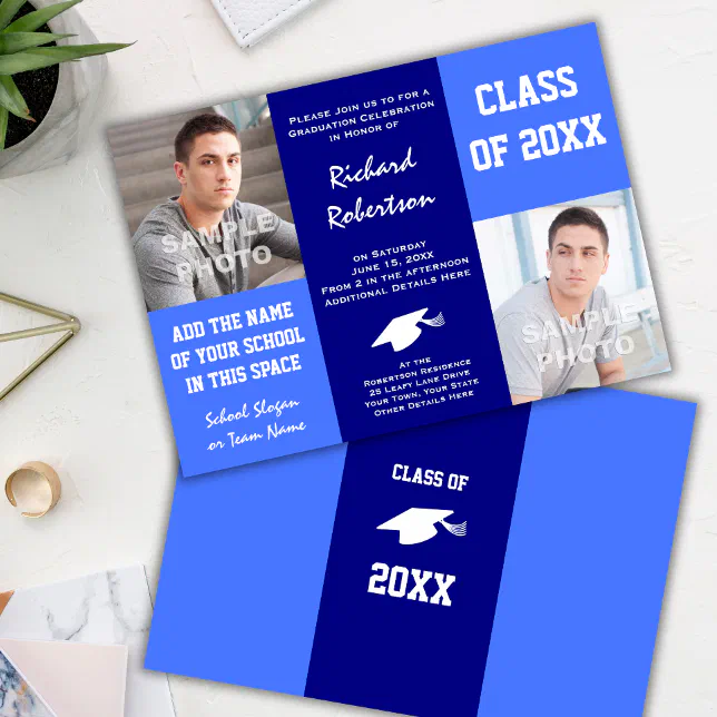 Classic Blue and White Graduation Photo Template | Zazzle