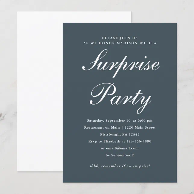 Classic Blue and White Surprise Party Invitation | Zazzle