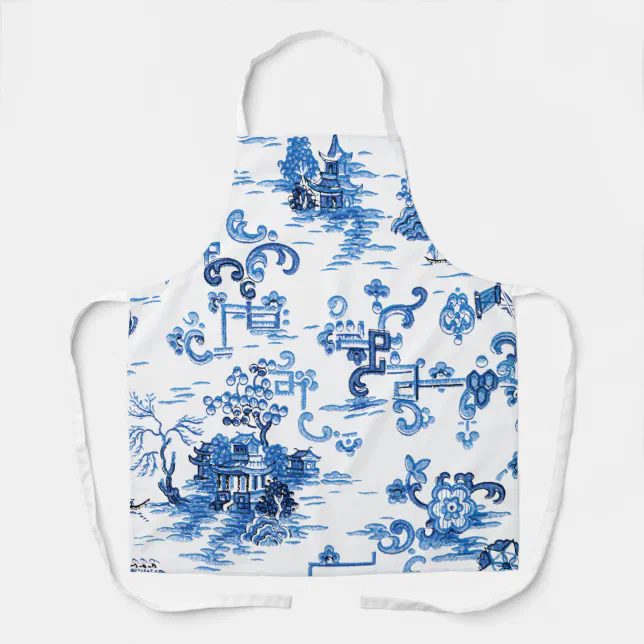 Classic Blue and White Vintage Pagoda Chinoiserie Apron | Zazzle
