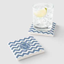 Classic Blue Chevron Monogrammed Stone Coaster | Zazzle
