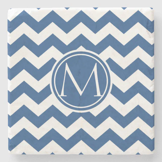 Classic Blue Chevron Monogrammed Stone Coaster | Zazzle