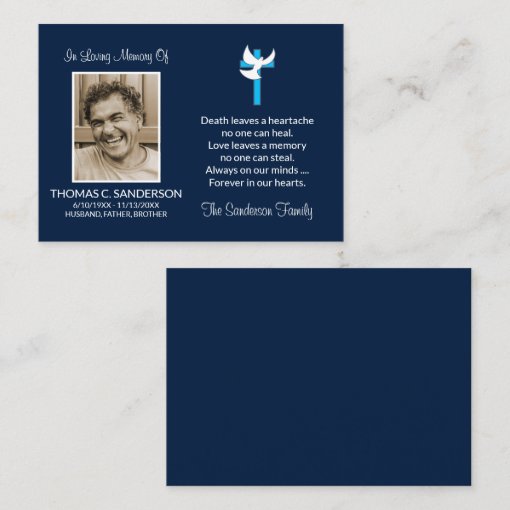 Classic Blue Cross Dove Photo Funeral Card | Zazzle