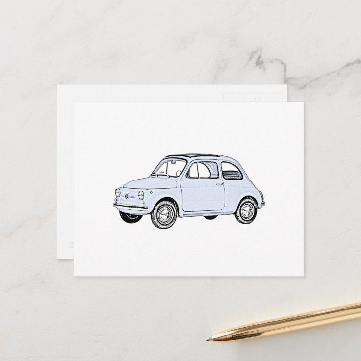 Classic Blue Fiat 500 Topolino Pencil Drawing Postcard | Zazzle