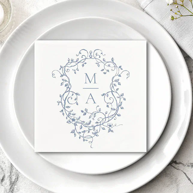 Classic Blue Floral Crest Monogram Wedding Napkins | Zazzle