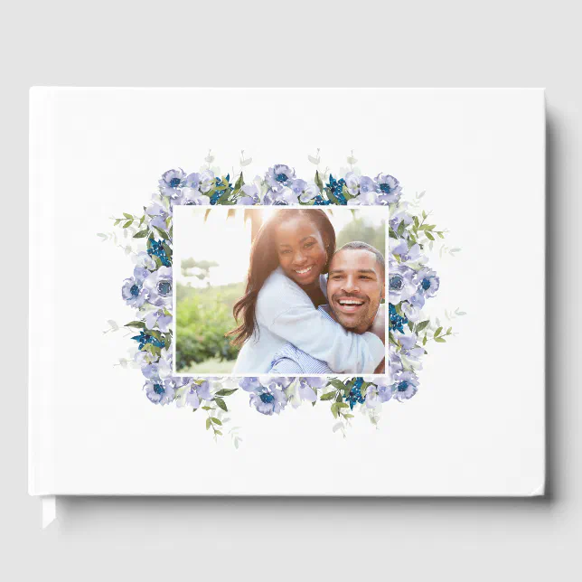 Classic Blue Floral Wedding Engagement Photo Guest Book | Zazzle