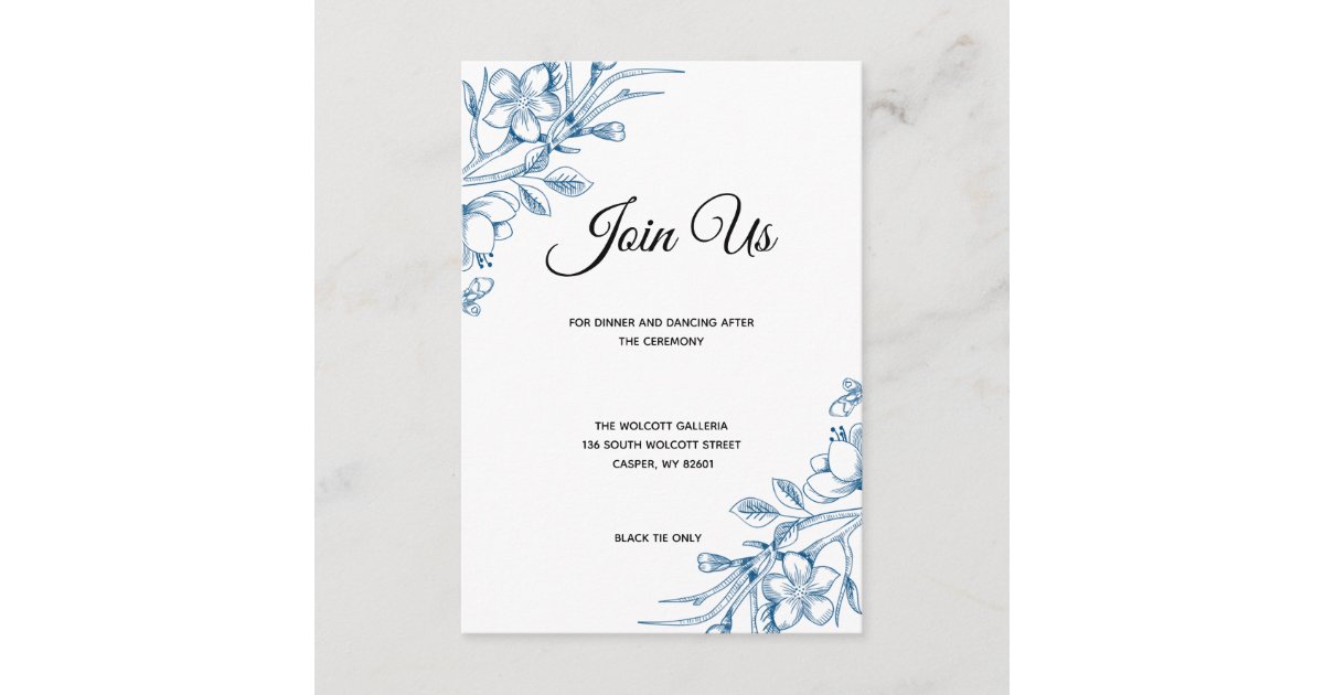 Classic Blue Floral Wedding Reception Card | Zazzle
