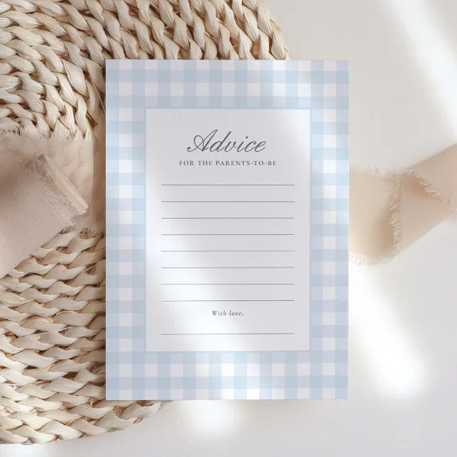 Classic Blue Gingham Boy Baby Shower Advice Card | Zazzle
