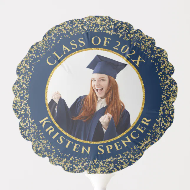 Classic Blue Gold Glitter Grad Photo Graduation Balloon | Zazzle