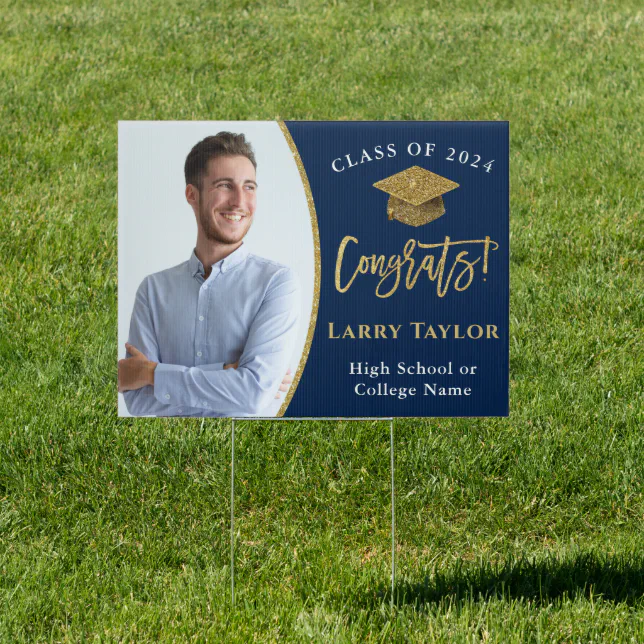 Classic Blue Gold Graduate Photo Graduation Yard Sign | Zazzle