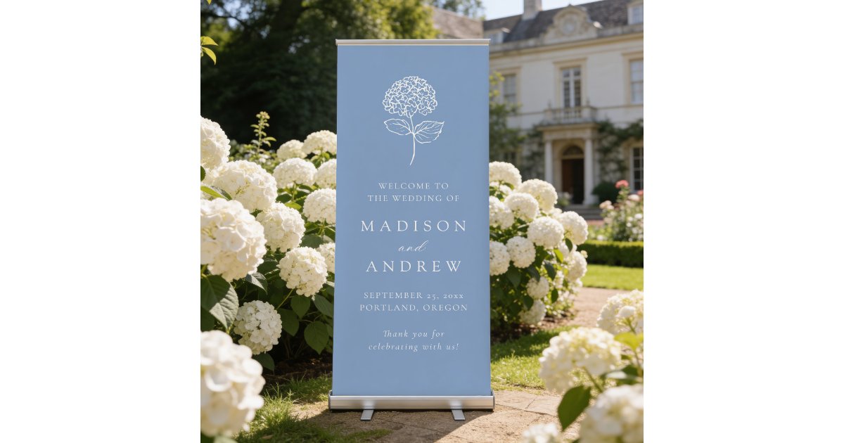 Classic Blue Hydrangea Wedding Welcome Retractable Banner | Zazzle