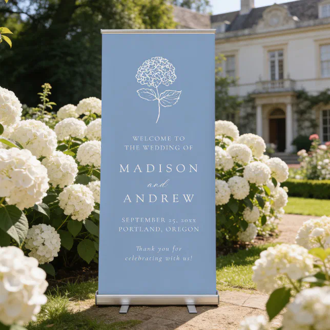 Classic Blue Hydrangea Wedding Welcome Retractable Banner | Zazzle