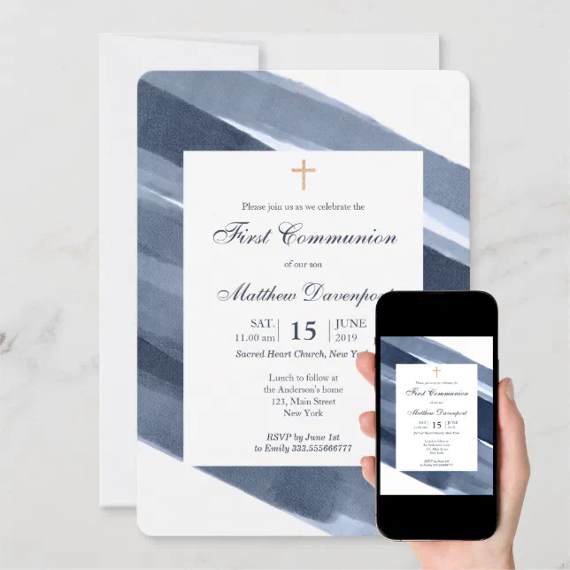 Classic Blue modern 1st Communion invitation | Zazzle