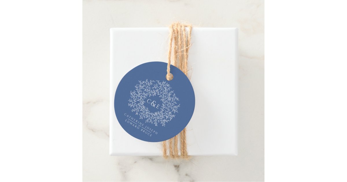 Classic blue monogram white art custom wedding favor tags | Zazzle