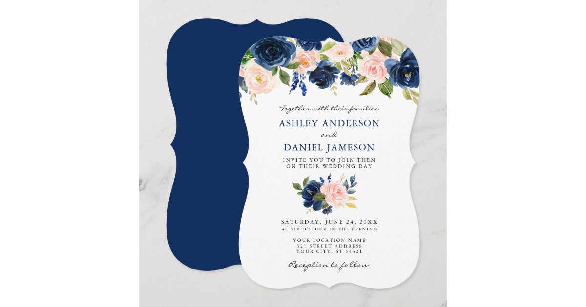 Classic Blue Pink Watercolor Floral Wedding Invitation | Zazzle