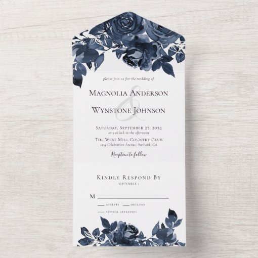 Classic Blue Roses Wedding All In One Invitation | Zazzle