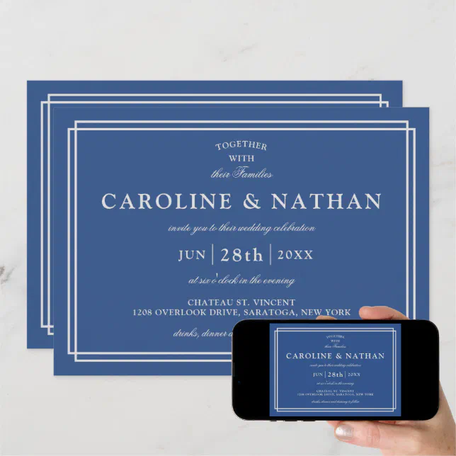 Classic Blue Simple Elegant Frame Wedding Invitation | Zazzle