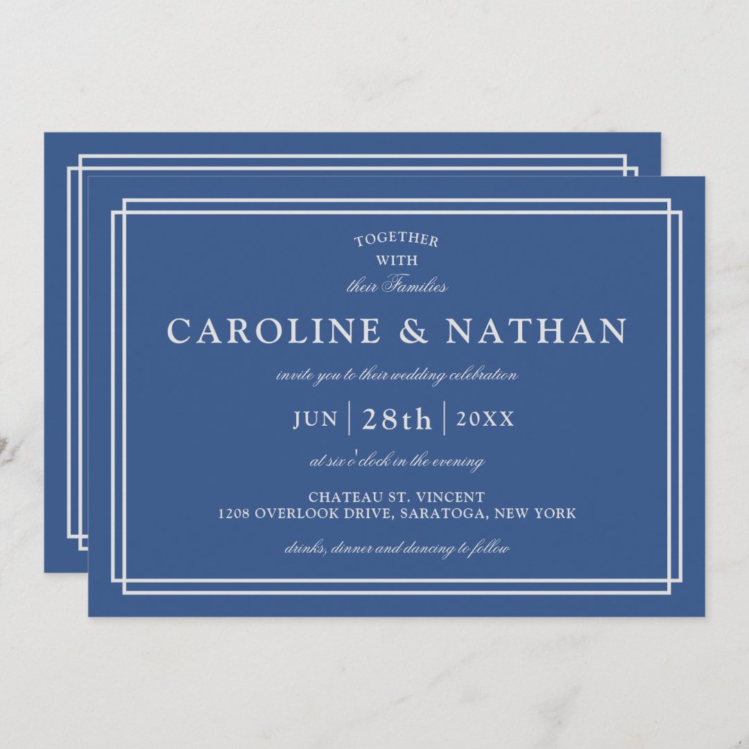 Classic Blue Simple Elegant Frame Wedding Invitation | Zazzle