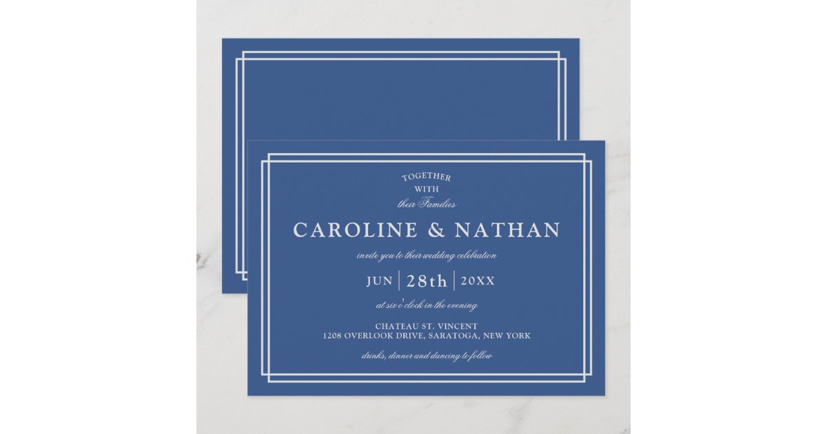 Classic Blue Simple Elegant Frame Wedding Invitation | Zazzle