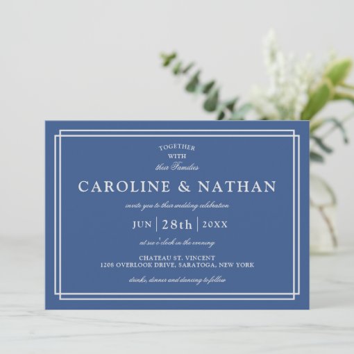 Classic Blue Simple Elegant Frame Wedding Invitation | Zazzle