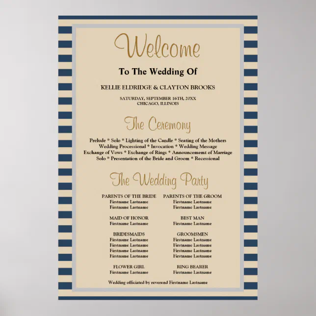 Classic Blue Stripes Framed Wedding Program Poster | Zazzle
