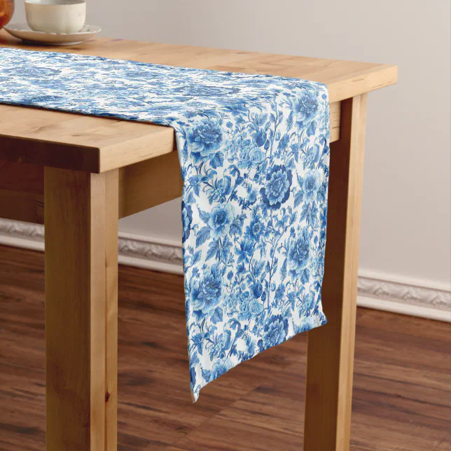 Classic Blue Toile Floral Pattern Long Table Runner | Zazzle