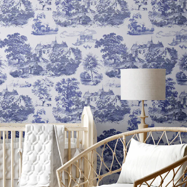 Classic Blue Vintage French Chateau Toile Wallpaper | Zazzle