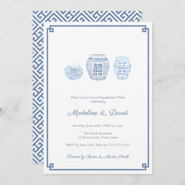 Classic Blue & White Engagement Party Dinner Invitation | Zazzle