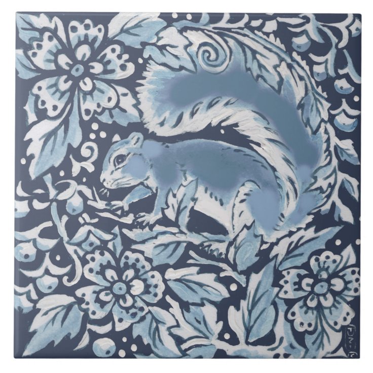 Classic Blue White Ornate Squirrel Forest Floral Ceramic Tile | Zazzle