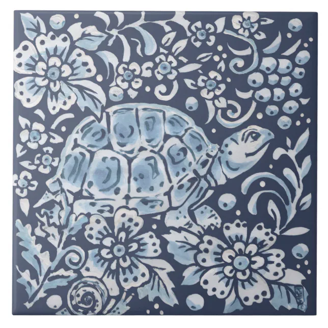 Classic Blue White Ornate Turtle Forest Floral Art Ceramic Tile | Zazzle