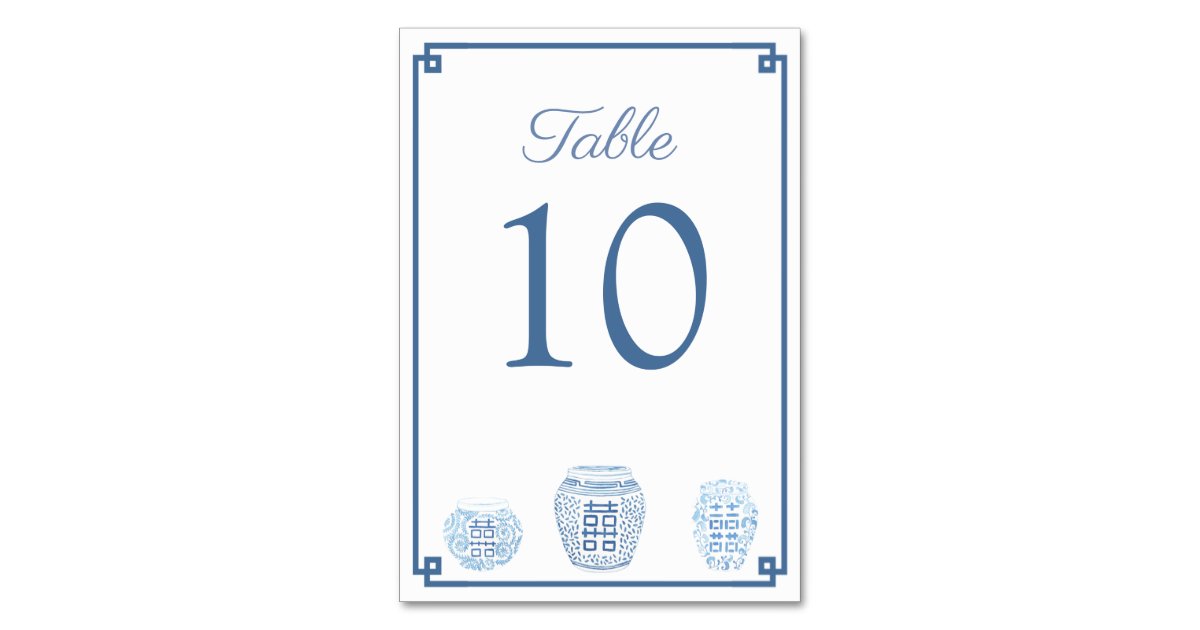 Classic Blue White Watercolor Ginger Jar Wedding Table Number | Zazzle