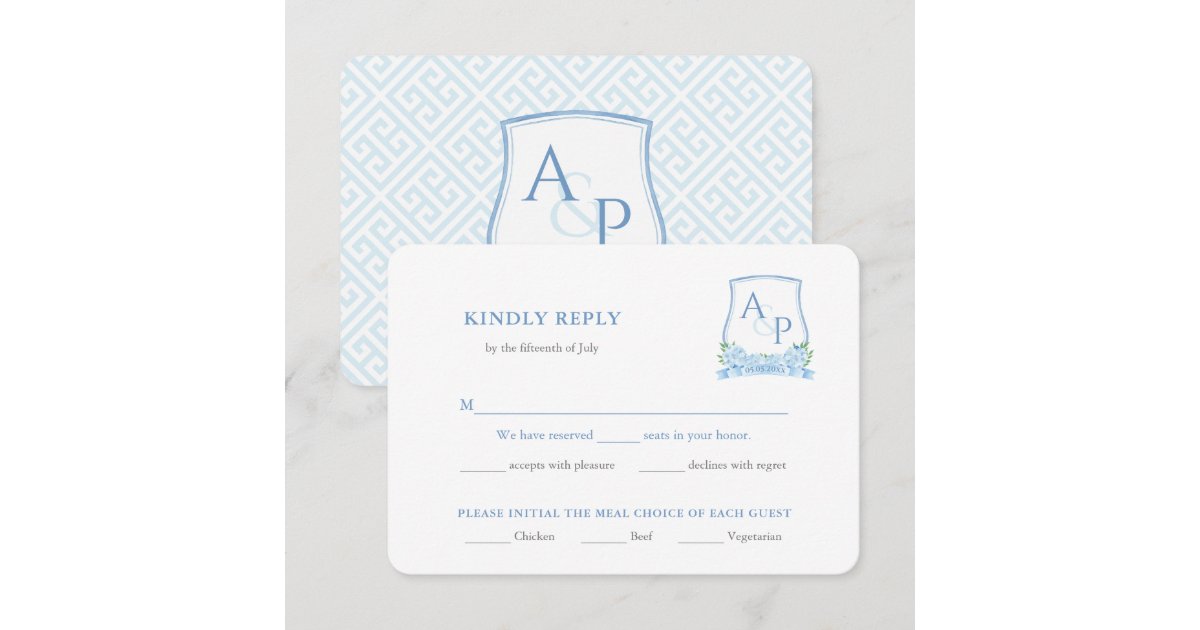 Classic Blue White Wedding Crest Meal Choice RSVP Enclosure Card | Zazzle