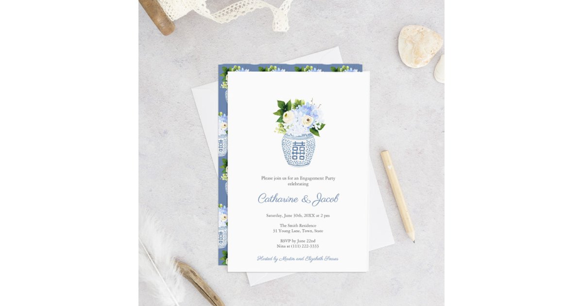 Classic Blue White Wedding Ginger Jar Engagement Invitation | Zazzle