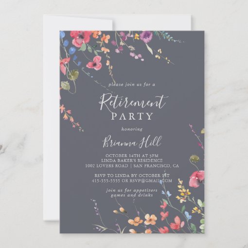 Classic Blue Wild Floral Retirement Party Invitation | Zazzle
